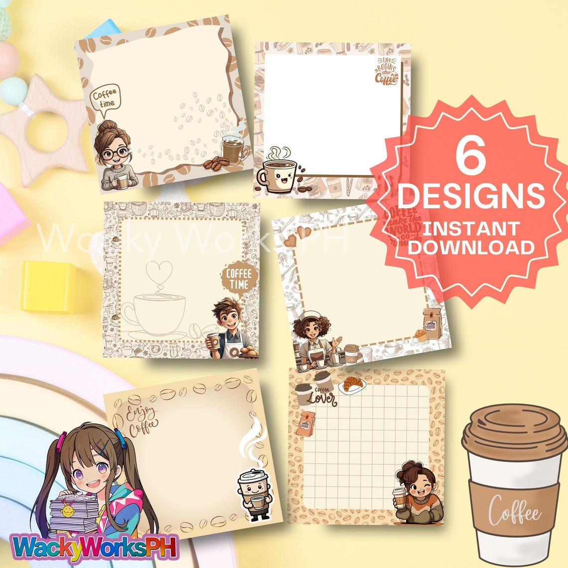 Coffee-themed Digital Notepad: Printable Sticky Notes (3x3, PNG & PDF ...