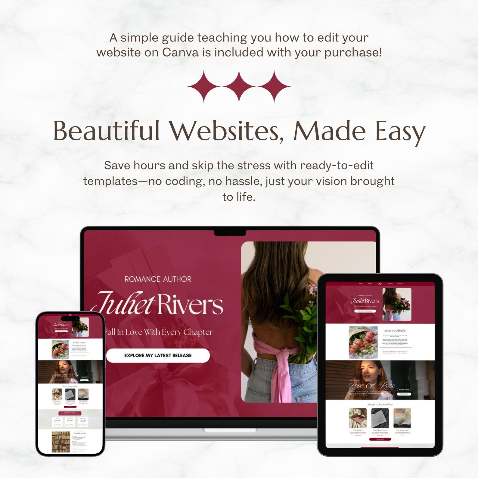 Canva Website Template for Romance Authors | Feminine Editable Landing ...