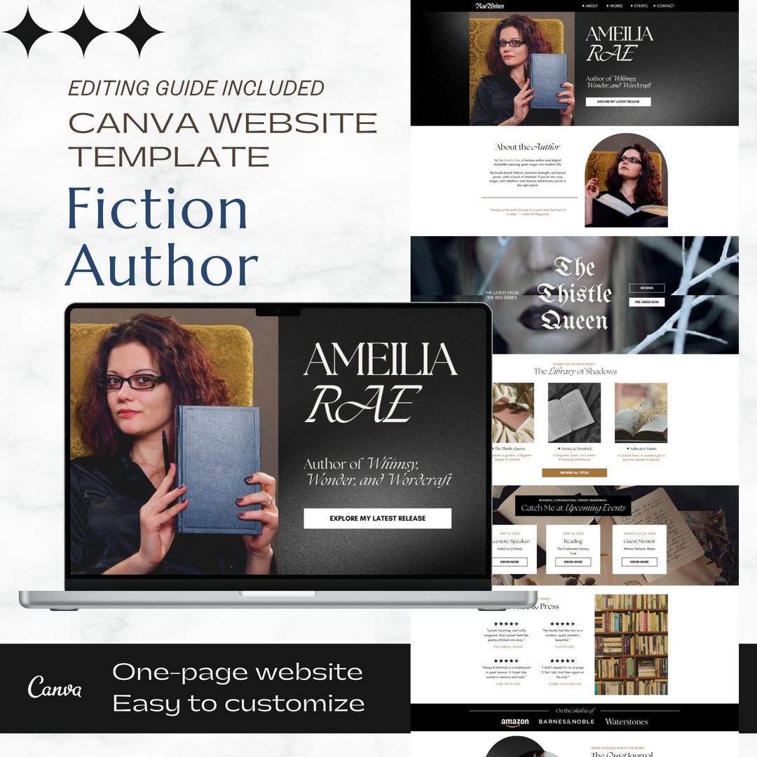 Dark Author Website Template, Canva Website Template for Authors, Fantasy Writer Site, Dark ...
