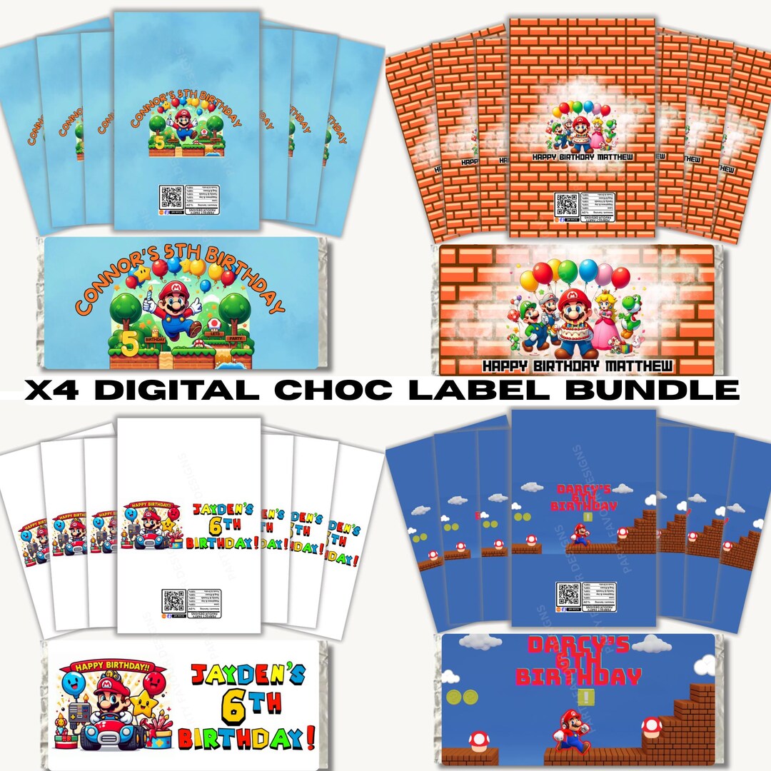 X4 Bundle Super Mario Birthday Theme / Digital Personalised Chocolate ...