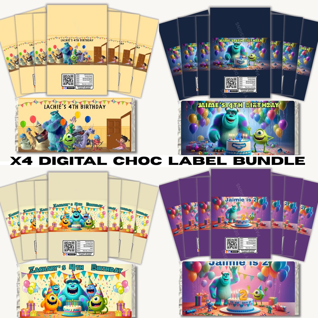 X4 Bundle Monsters Inc Birthday Theme / Digital Personalised Chocolate ...