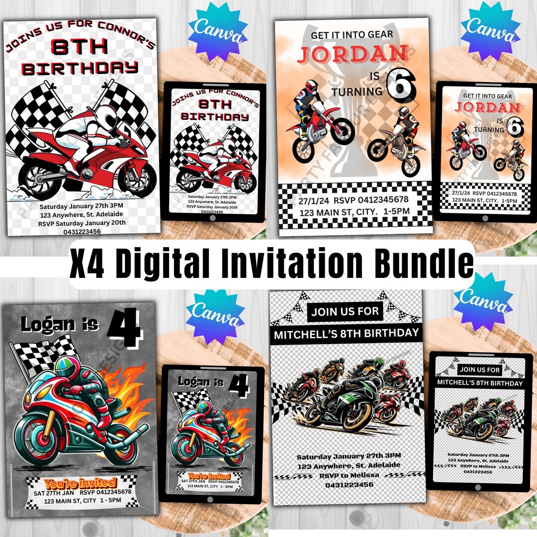 X4 Bundle Motorbike Theme. Motorbike Invitation. Motorbike Party ...