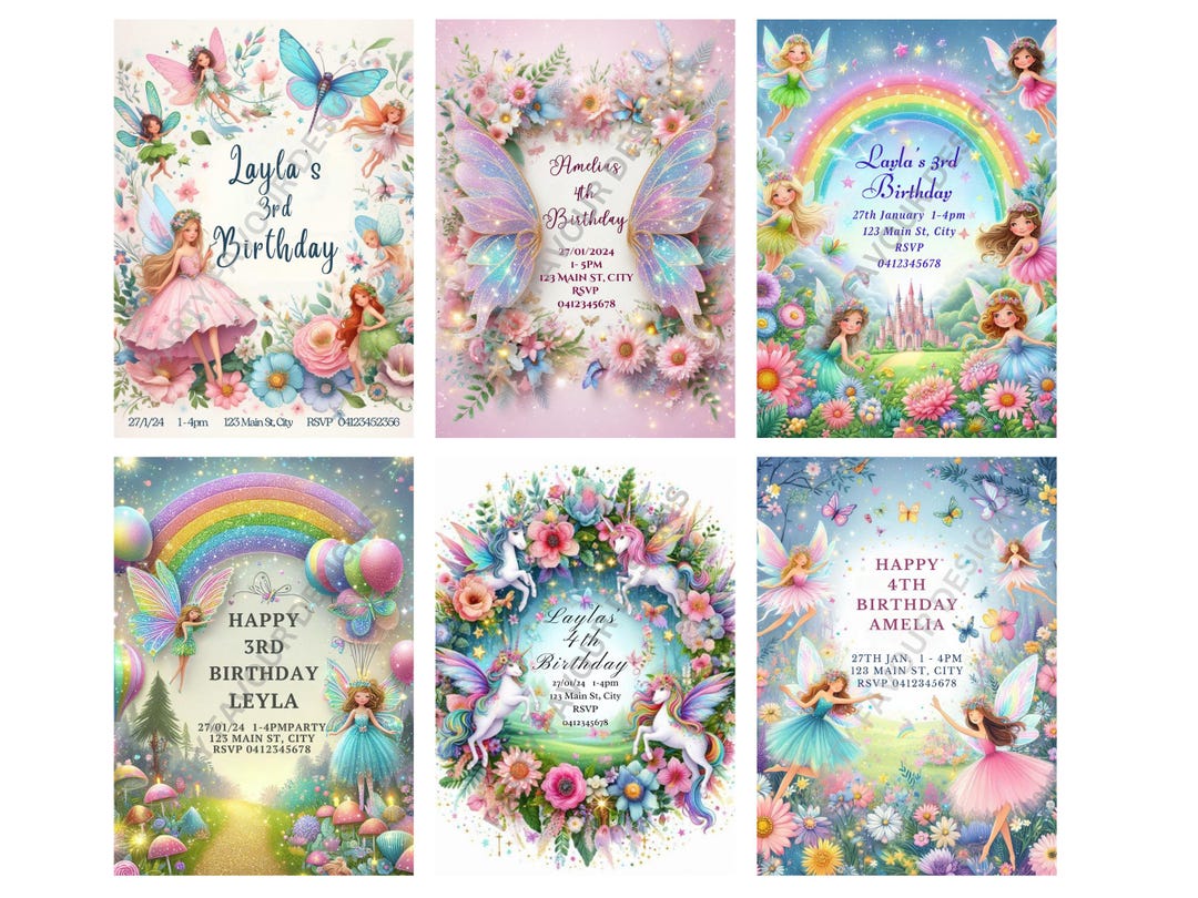 Hard Copy Fairies, Princesses, Theme Personalised Birthday Invitation ...