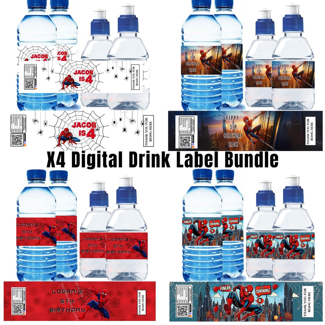 X4 Bundle Spiderman Personalised Digital Water/pop Top Label. - Etsy