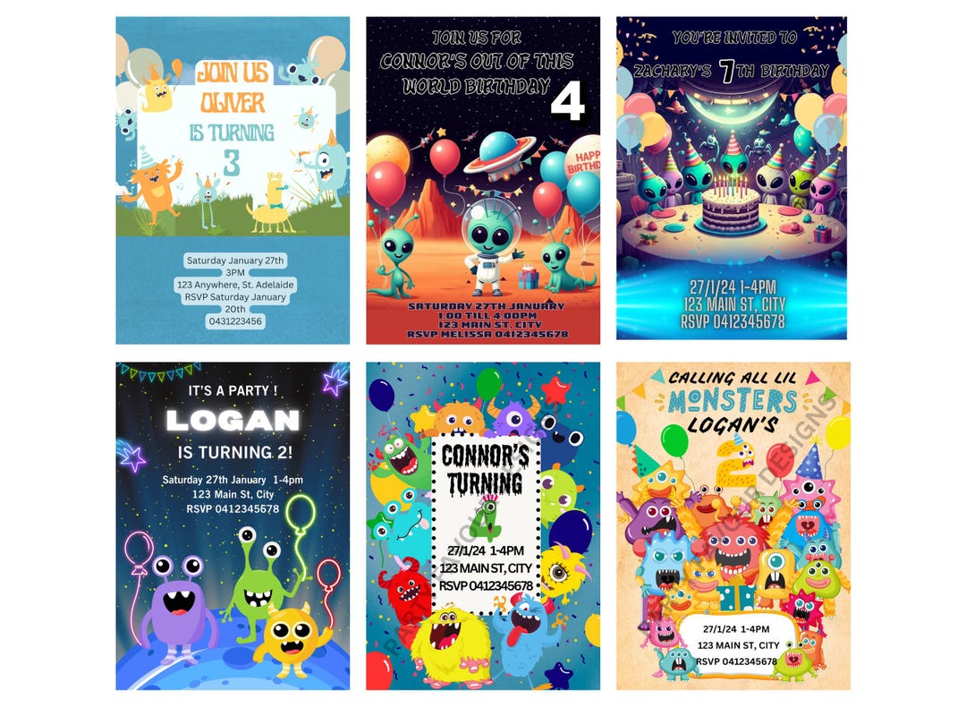 Hard Copy Aliens, Monsters Theme Personalised Birthday Invitation Hard ...