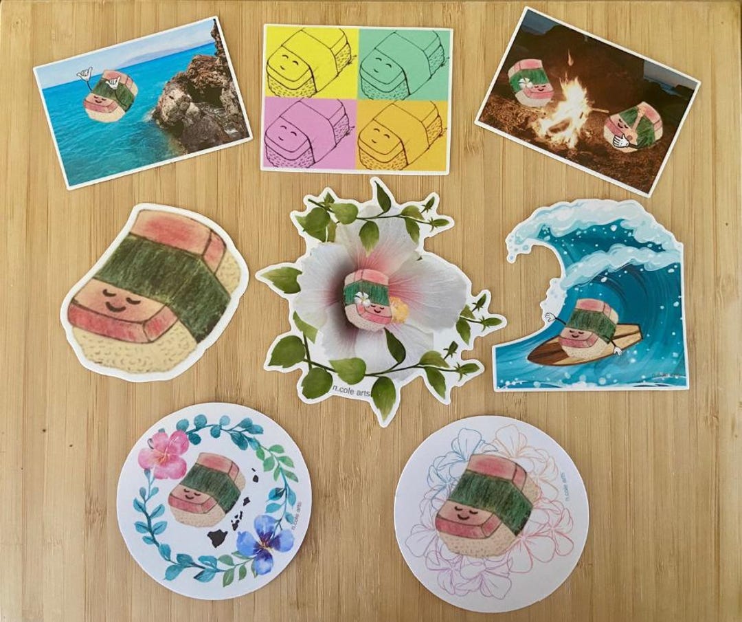 Smiling Musubi Vinyl Sticker Pack - 8 Fun Kawaii, Spam Art Stickers ...