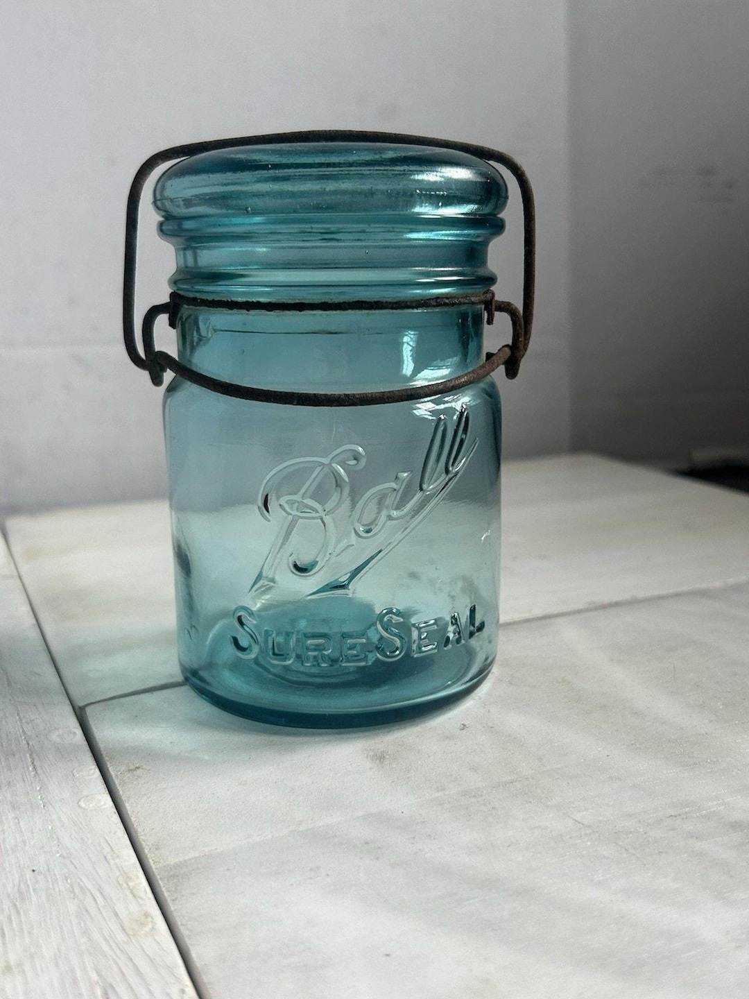 Antique Ball Sure Seal Mason Jar – Aqua Blue Pint, 1930s Wire Bail ...