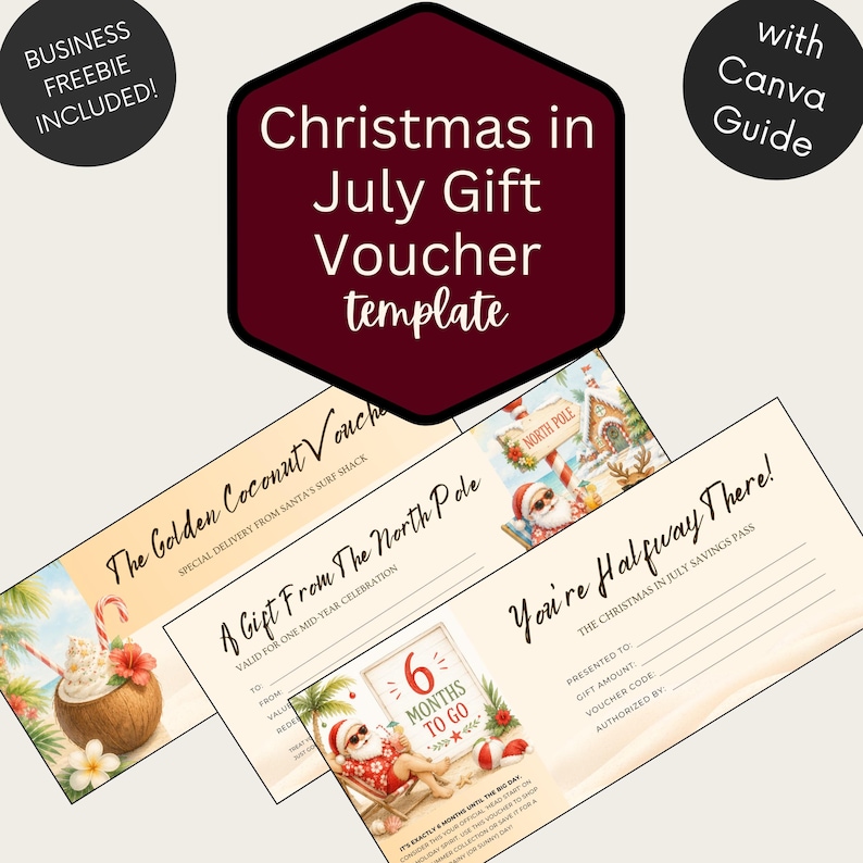 Christmas in July Gift Voucher Template | 3 Editable Canva Vouchers ...