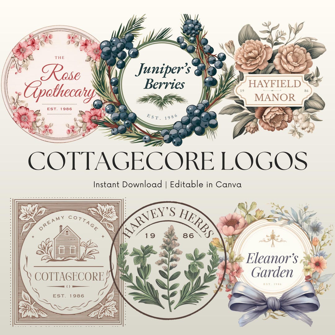 Cottagecore Logos Template Canva Vintage Aesthetic Whimsical Branding ...