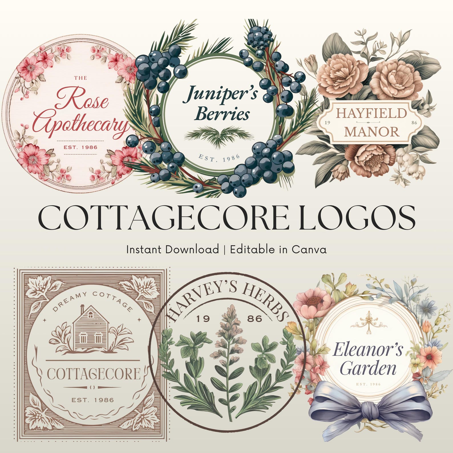 Cottagecore Logos Template Canva Vintage Aesthetic Whimsical Branding ...