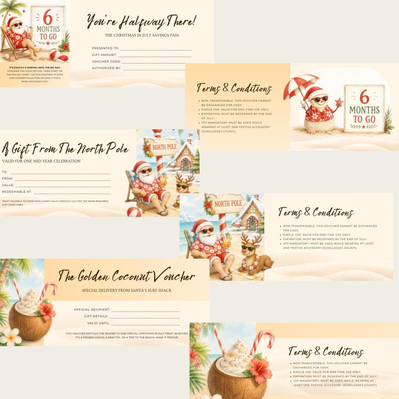 Christmas in July Gift Voucher Template | 3 Editable Canva Vouchers ...