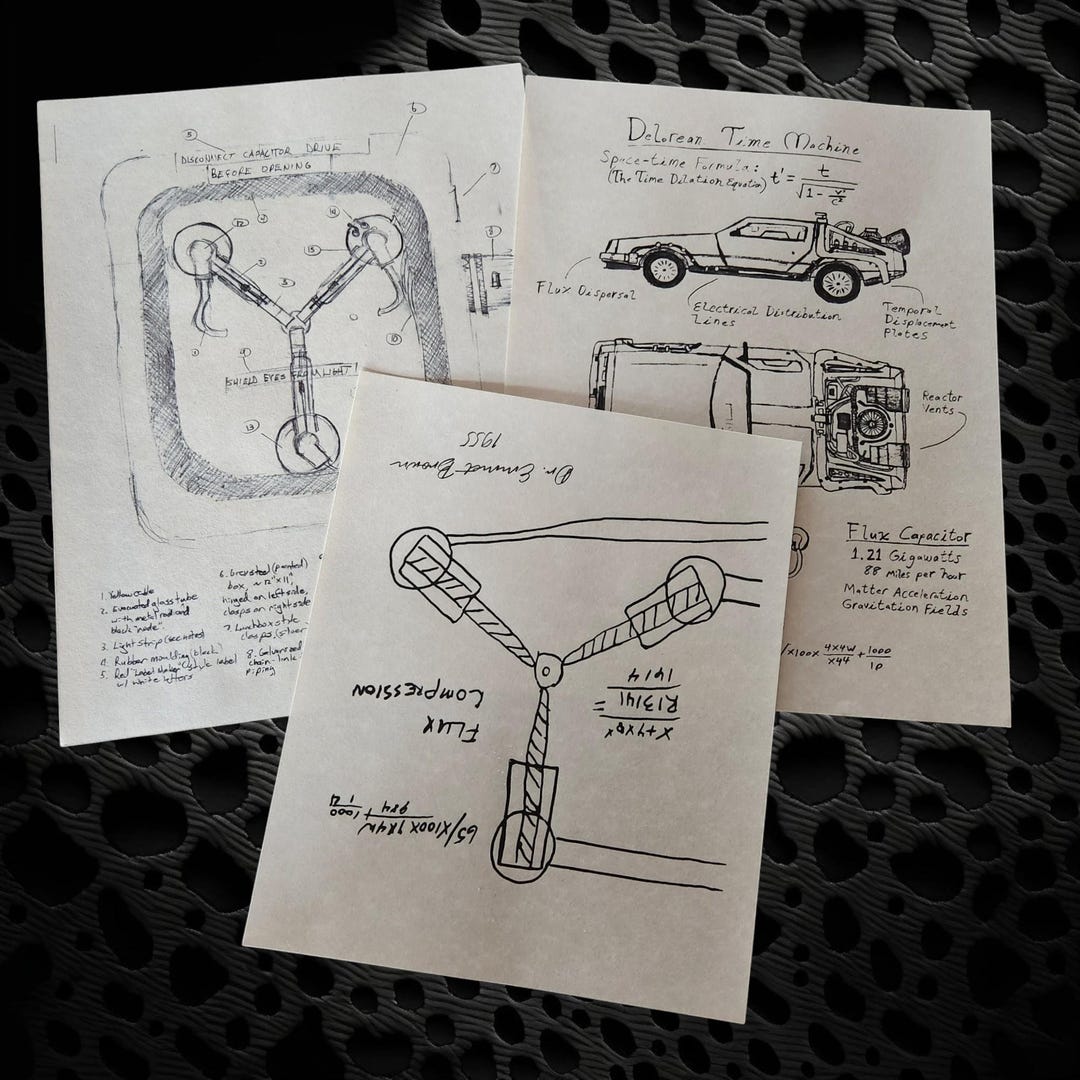 3 X Back to the Future, Dr. Emmett Brown Flux Capacitor Sketches for ...