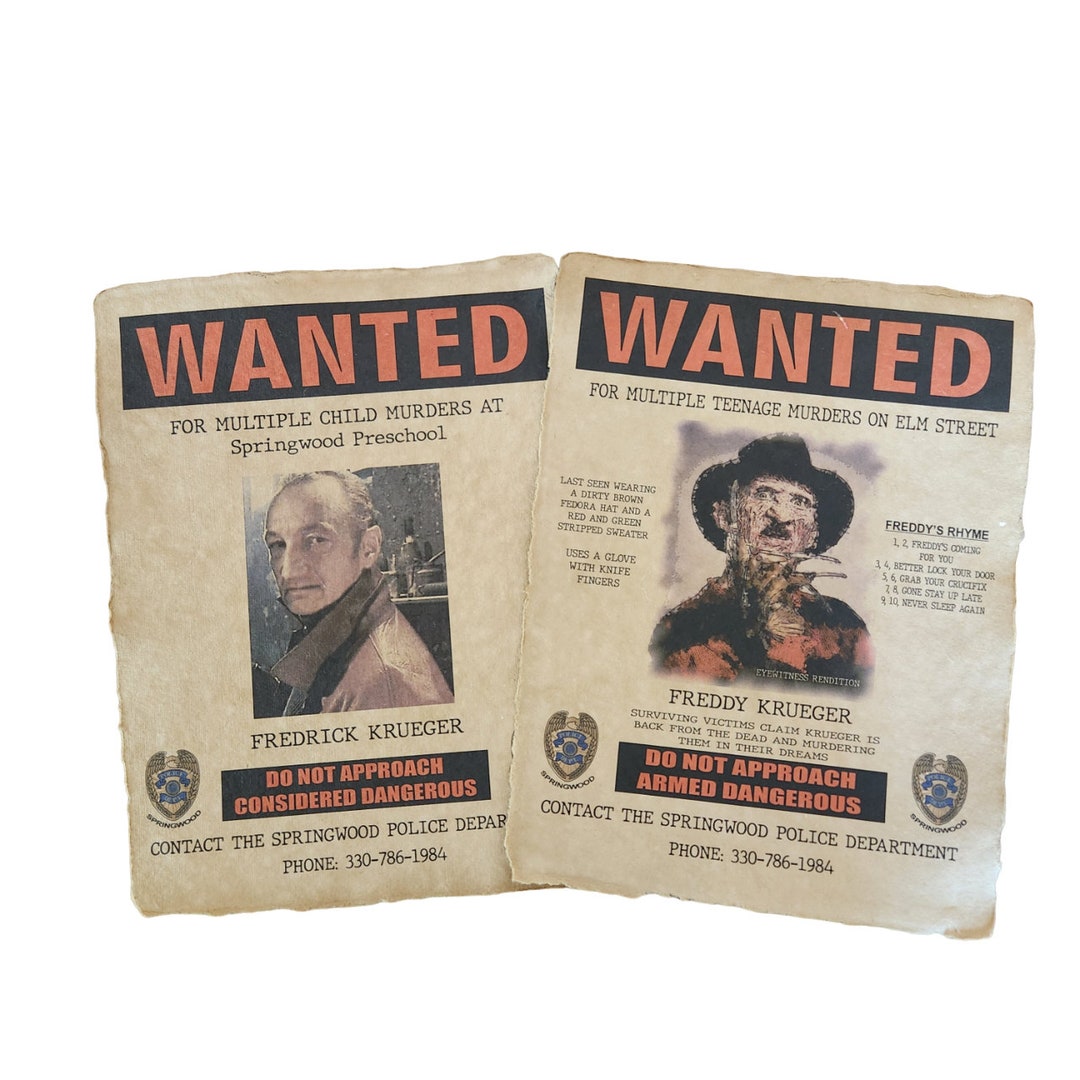 Freddy Krueger Aged Printed Wanted Poster Set, Halloween Prop, Wall Art ...