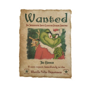 2 X Grinch and Santa Aged Printed Wanted Posters Pages, Christmas Prop ...