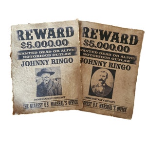2 X Johnny Ringo / Tombstone Aged Printed Wanted Poster Page, Old West ...