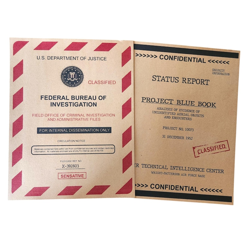 2 X Project Blue Book and FBI X File Card Stock Cover Sheets for Prop ...