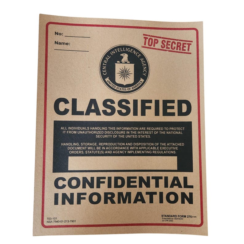 Set of 3 FBI, CIA, MI6 Top Secret Classified Card Stock Cover Sheets 8. ...