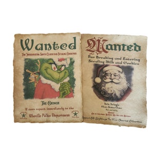 2 X Grinch and Santa Aged Printed Wanted Posters Pages, Christmas Prop ...