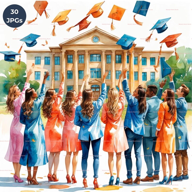 Watercolor Graduation Clip Art: Congrats Graduate, Cake, Balloons (30 ...