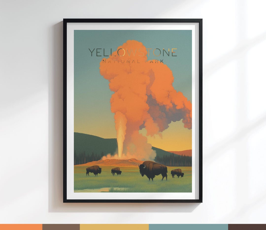 Yellowstone Bison & Geyser Poster | Art Print | Variation #022 - Etsy