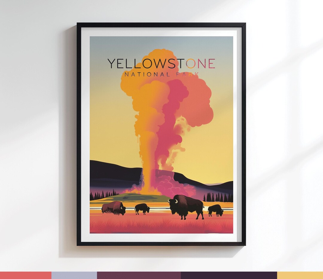 Yellowstone Bison & Geyser Poster | Art Print | Variation #021 - Etsy