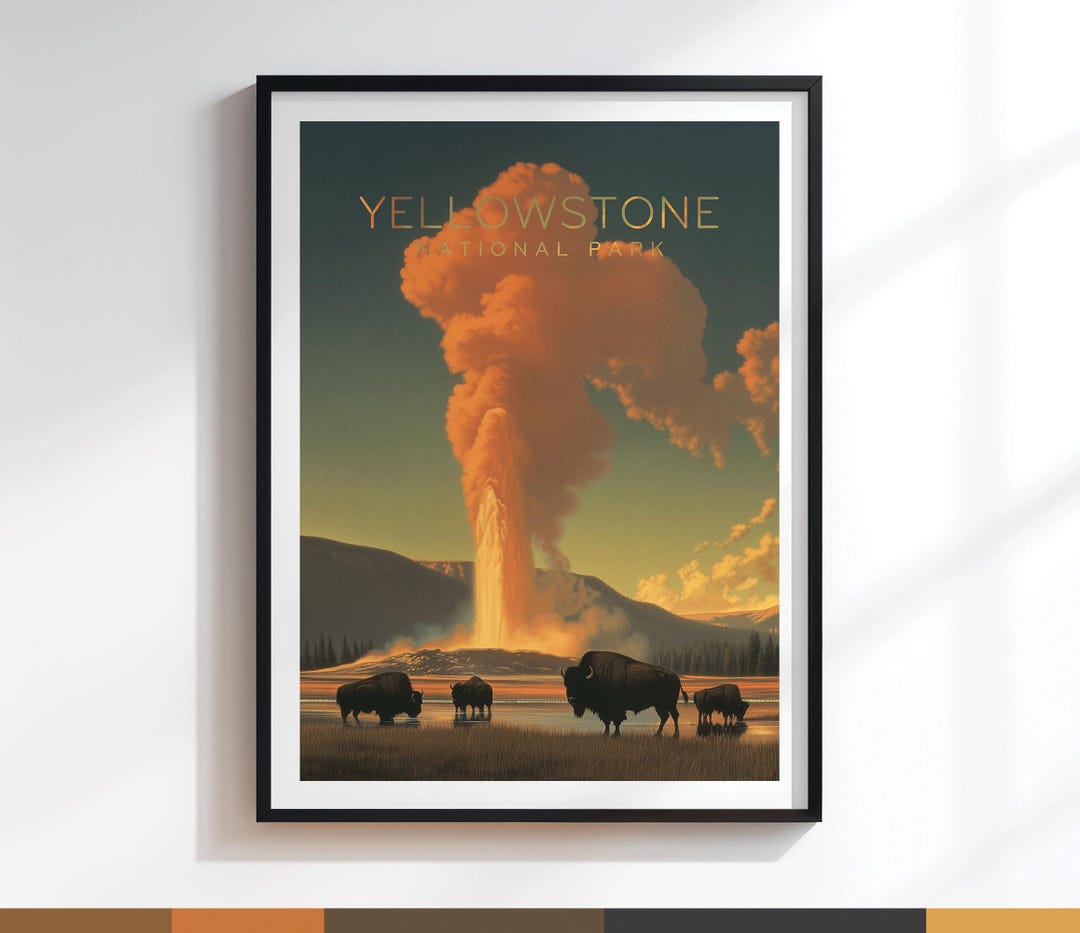 Yellowstone Bison & Geyser Poster | Art Print | Variation #006 - Etsy