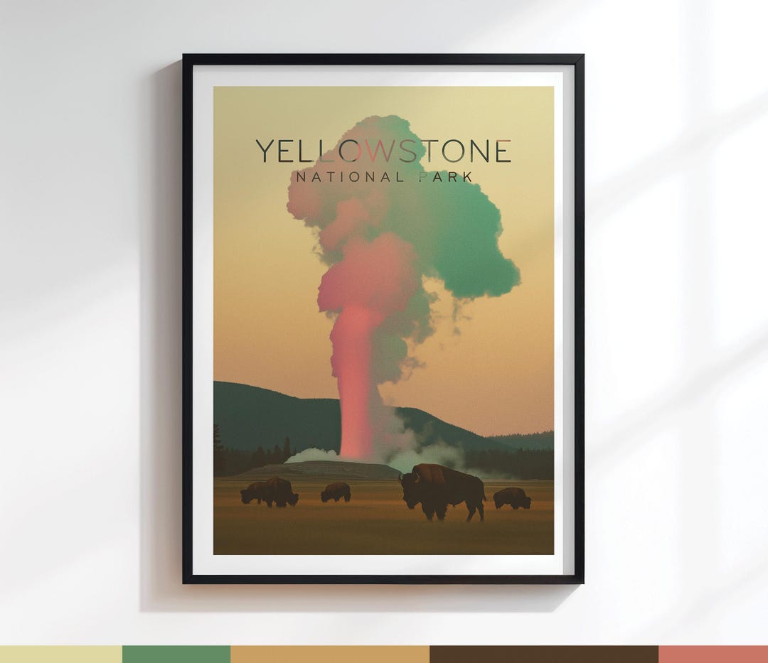Yellowstone Bison & Geyser Poster | Art Print | Variation #001 - Etsy