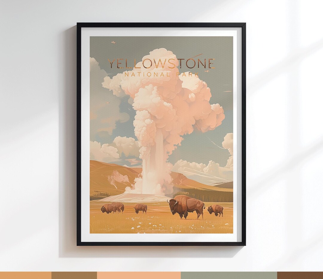 Yellowstone Bison & Geyser Poster | Art Print | Variation #004 - Etsy