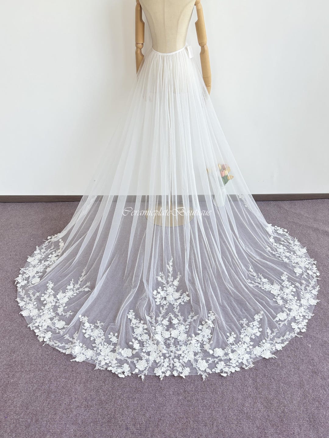 Beaded Flower Lace Detachable Train With 3 Pins, Lace Removable Train ...