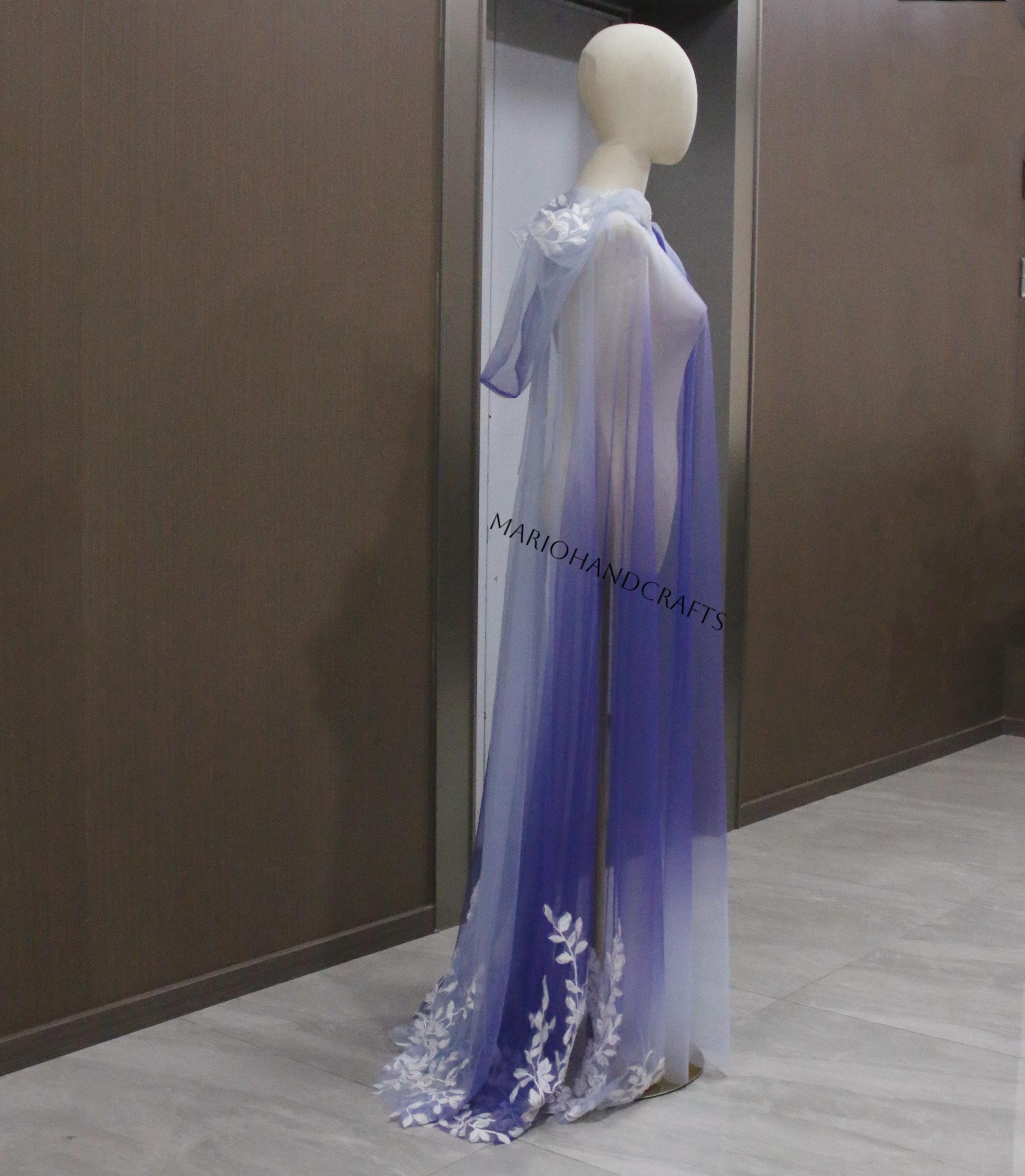 59'' Ombre Blue Tulle Hooded Cape With 3D Leaf Lace – Fantasy Bridal ...