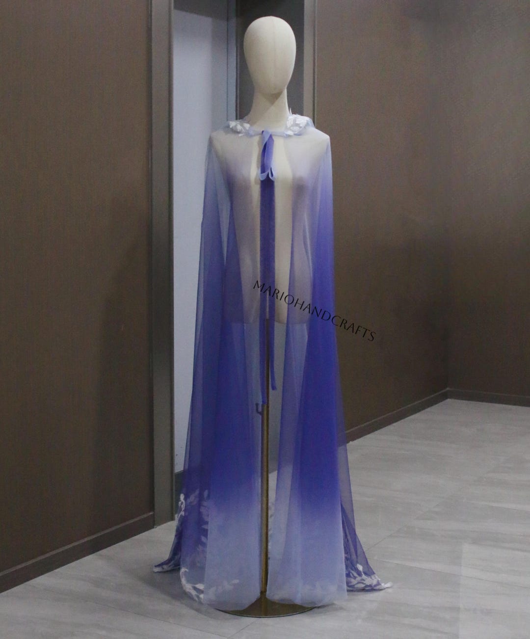 59'' Ombre Blue Tulle Hooded Cape With 3D Leaf Lace – Fantasy Bridal ...