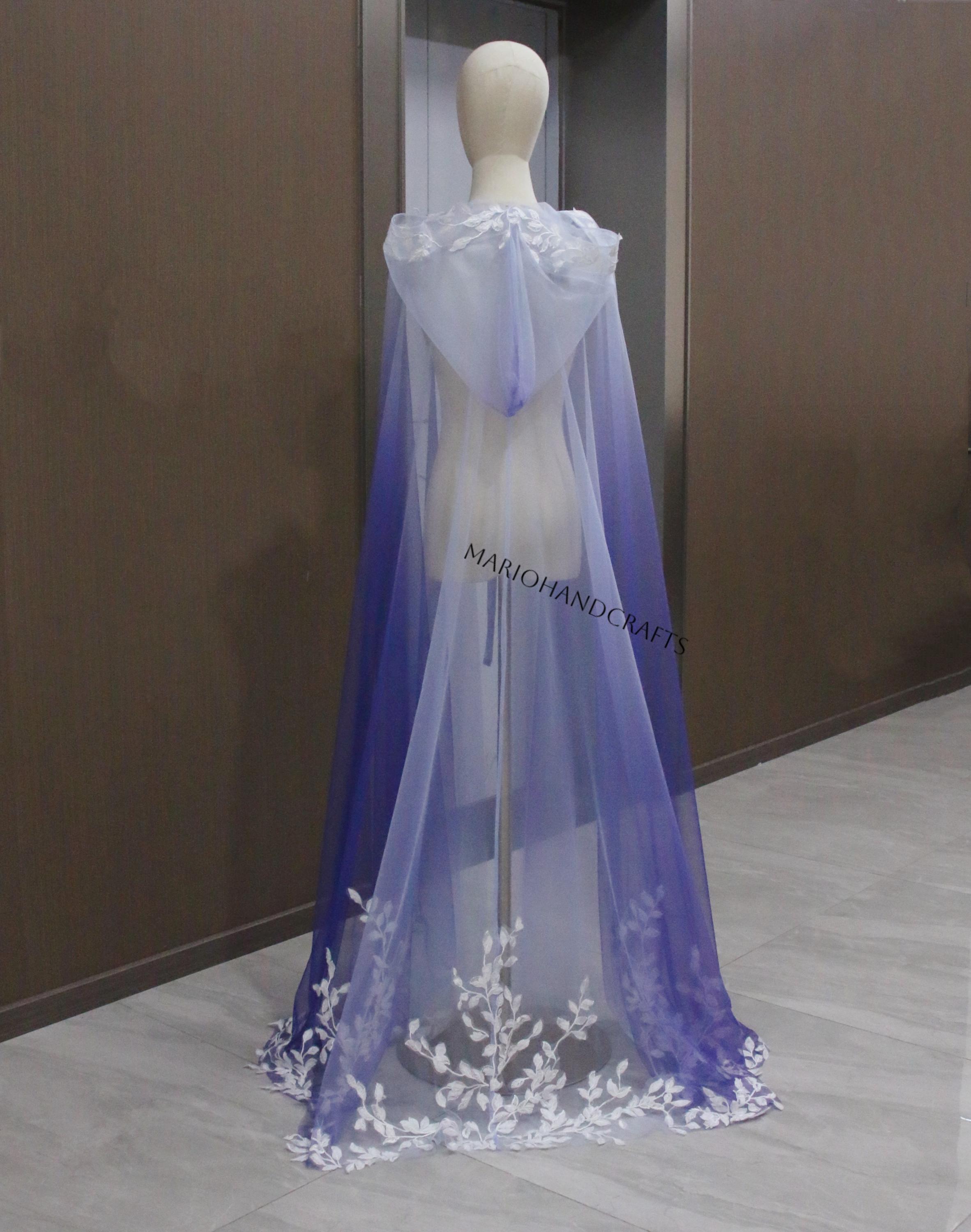 59'' Ombre Blue Tulle Hooded Cape With 3D Leaf Lace – Fantasy Bridal ...