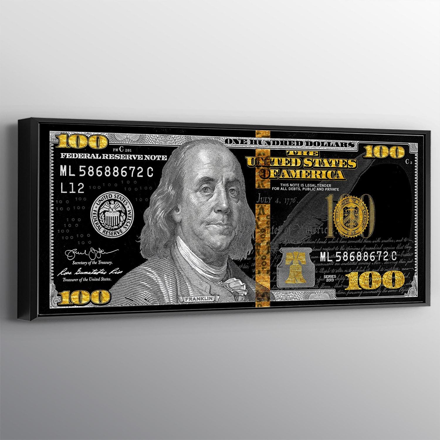 Benjamin Gold Black 100 Dollar Bill Money Press Print Wall Art Canvas ...