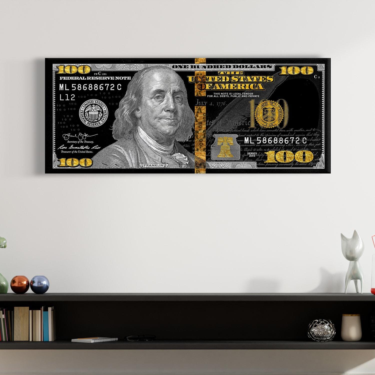 Benjamin Gold Black 100 Dollar Bill Money Press Print Wall Art Canvas ...