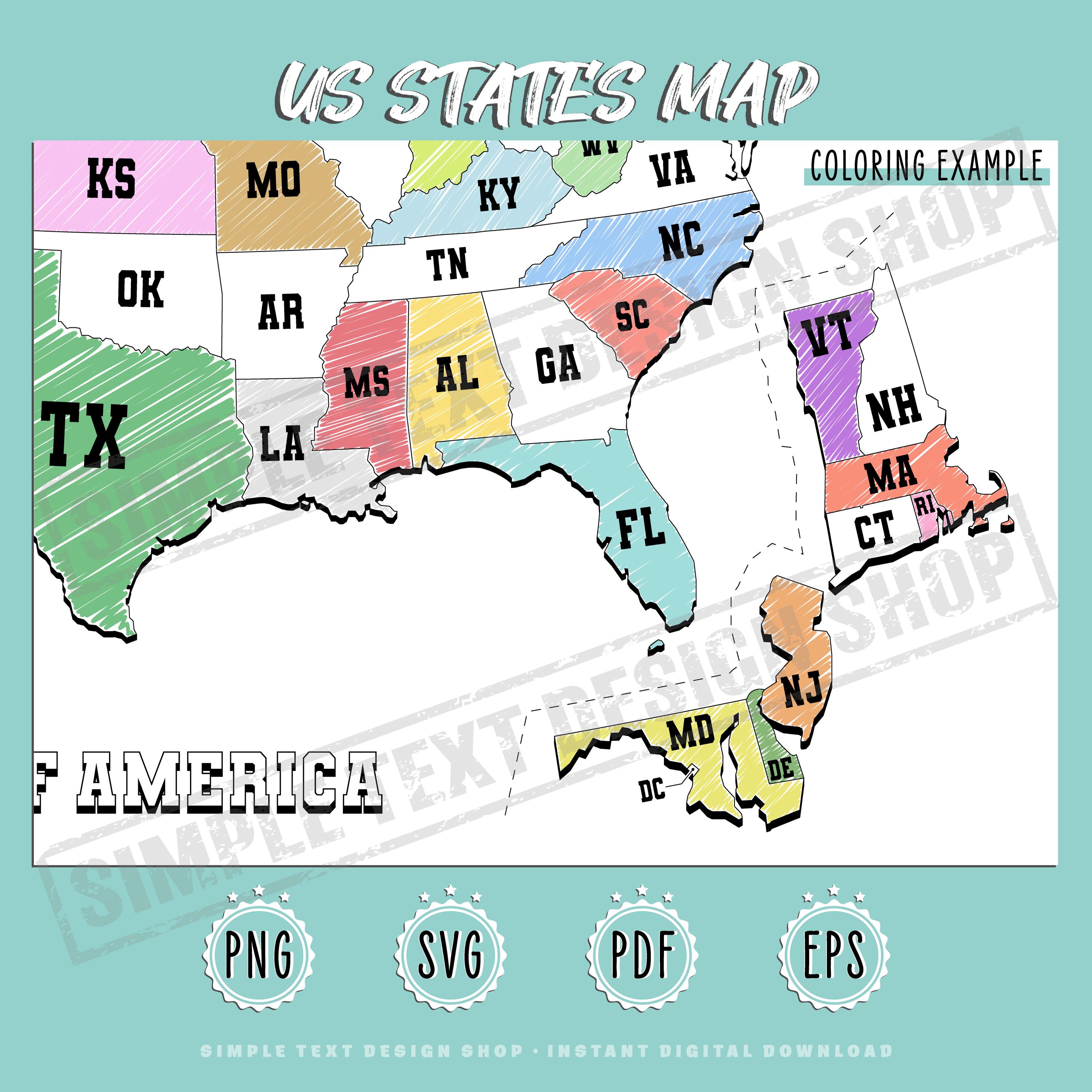 US States Coloring Map Png Svg Pdf Eps Digital Files Bundles, Printable ...