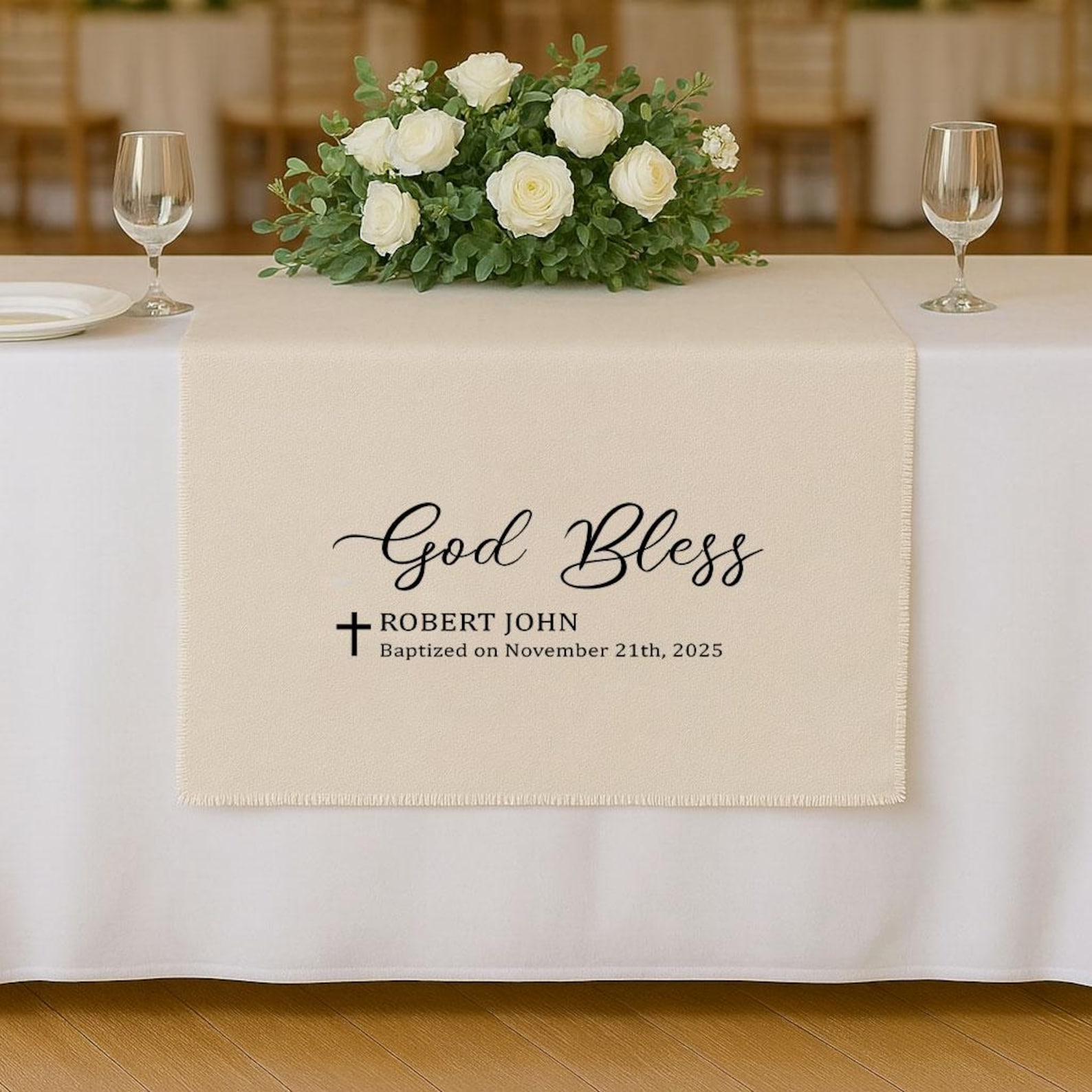 Personalized Baptism Table Runner for Boy, God Bless Linen Banner ...