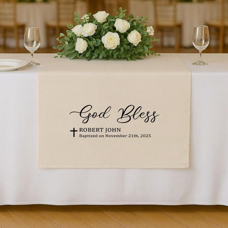 Personalized Baptism Table Runner for Boy, God Bless Linen Banner ...