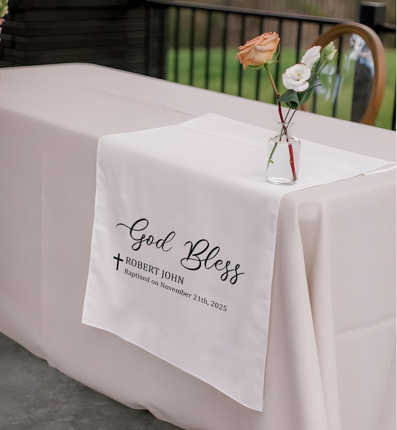 Personalized Baptism Table Runner for Boy, God Bless Linen Banner ...