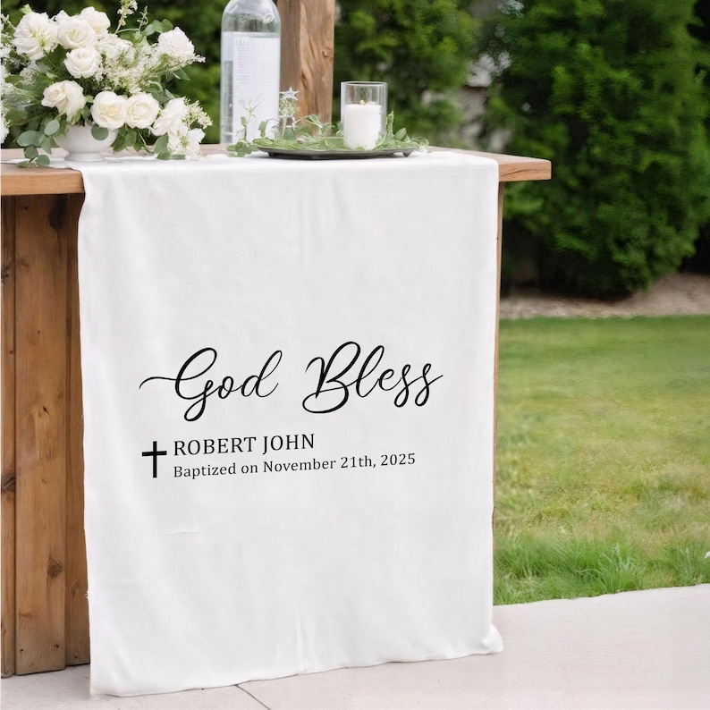 Personalized Baptism Table Runner for Boy, God Bless Linen Banner ...