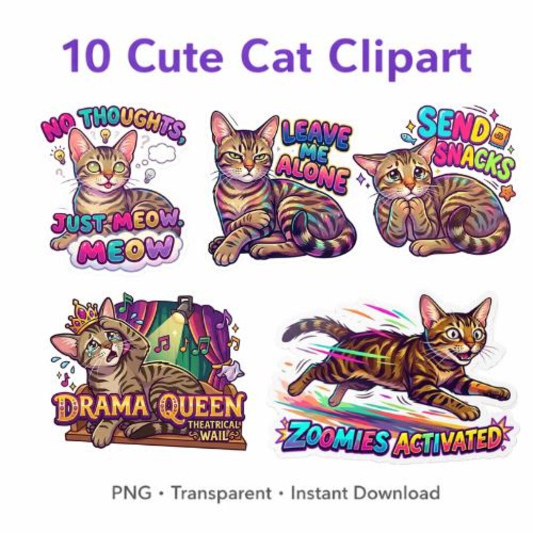 Funny Cat PNG Bundle | Cat Clipart Digital Download | Transparent PNG ...