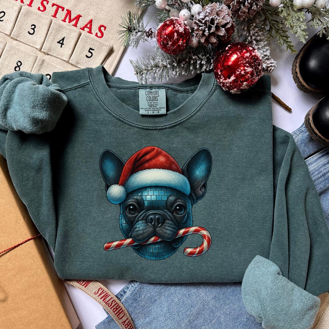 Christmas French Bulldog Disco Dog Sweatshirt, Candy Cane Santa Hat ...