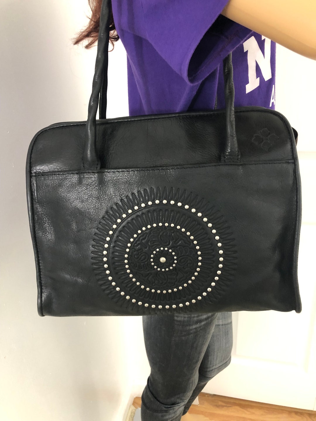 Patricia Nash Paris Tooled Black Leather Stud Mandala Satchel Shoulder ...