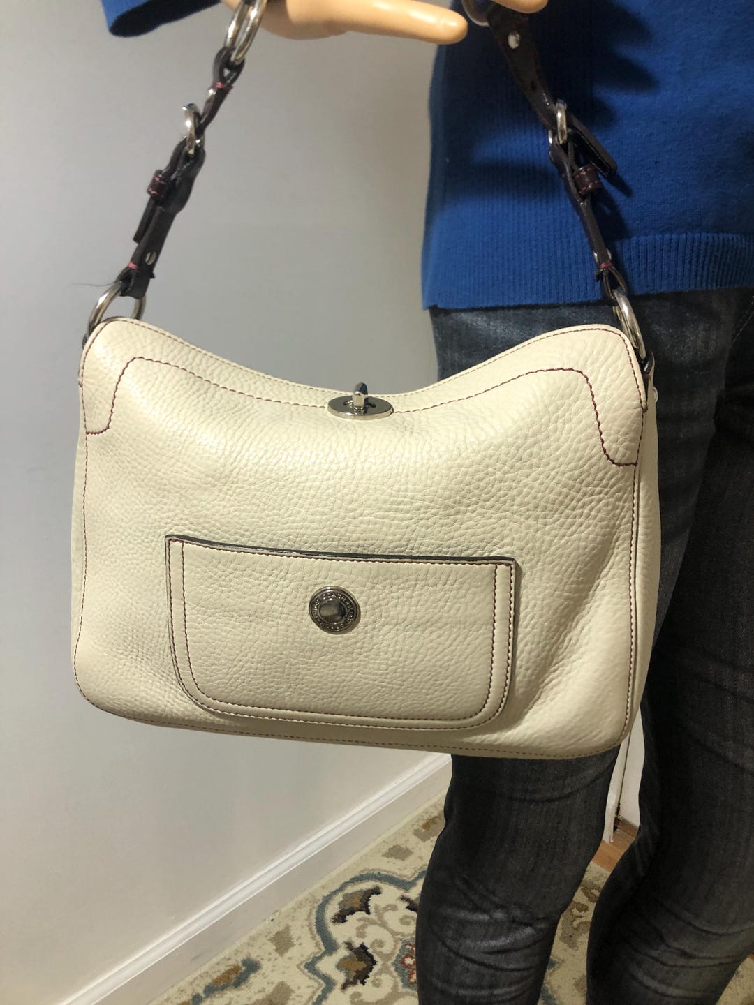 Vintage Coach Ivory Pebbled Leather Chelsea Turn Lock Shoulder Handbag ...