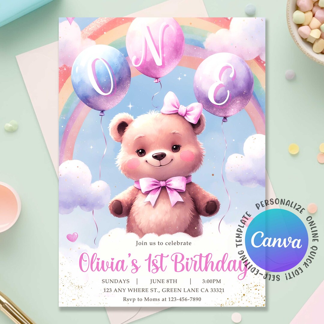 Beary First Birthday Invitation, Bear 1st Birthday Invitation, Bear ...