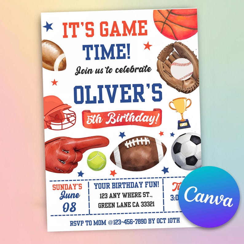 Sports Birthday Invitation, Ball Sports Birthday Party Invite, Sports ...