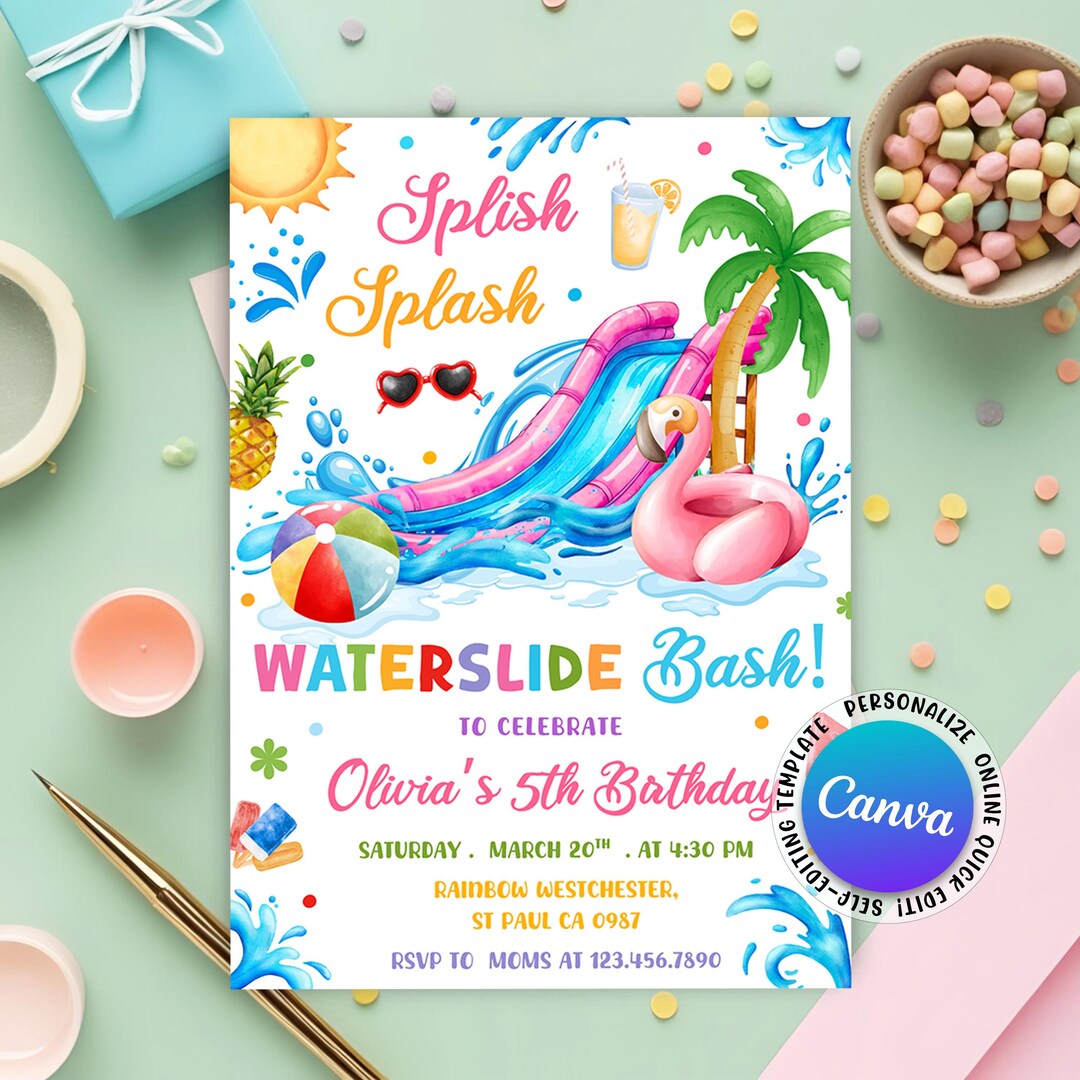 Water Slide Birthday Invitation, Splish Splash ANY AGE Waterslide ...