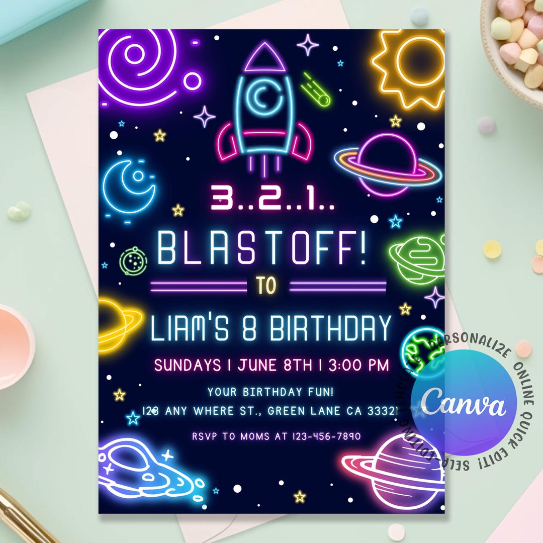 Neon Space Boy Birthday Party Invitation, Galaxy Party Invitation ...