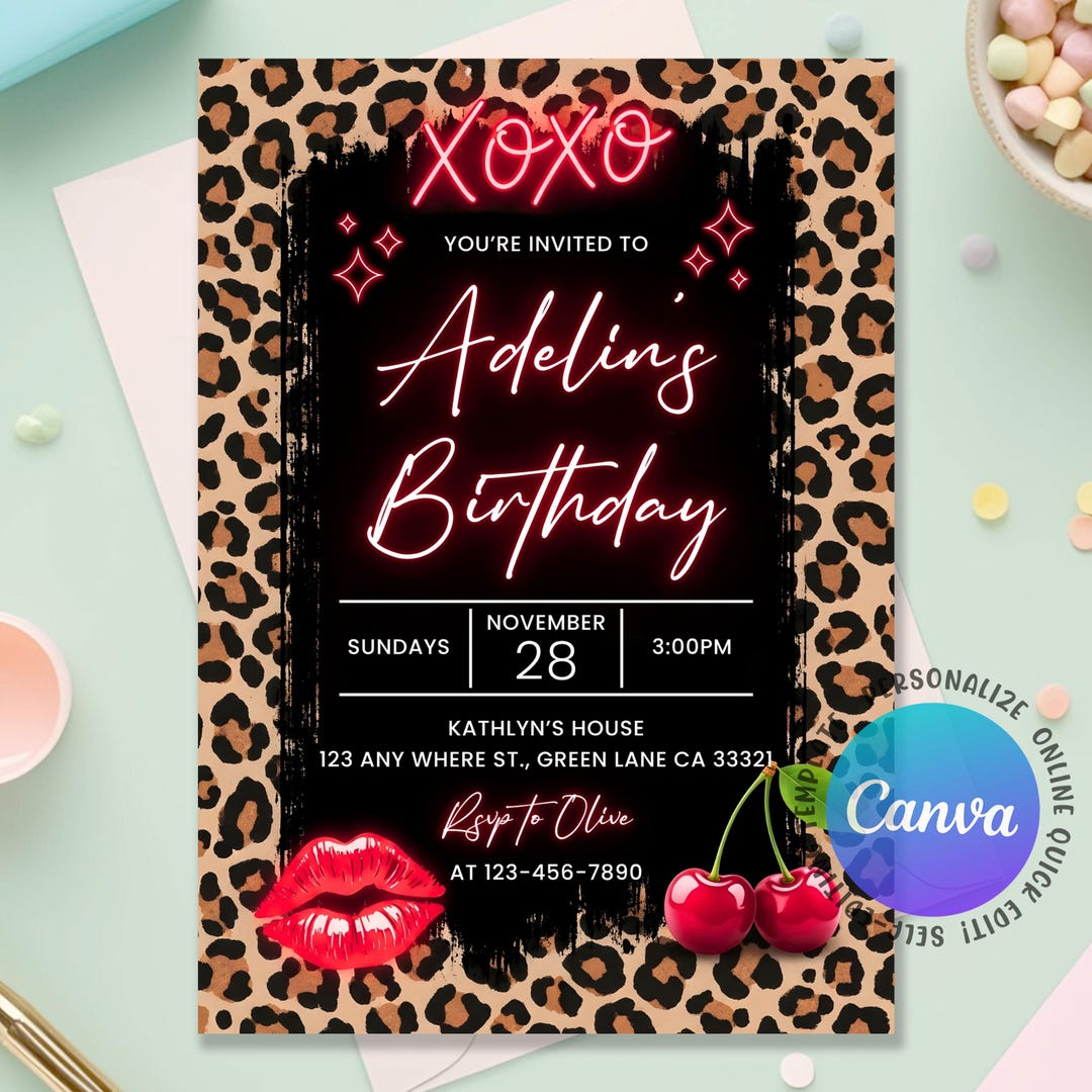 Cheetah Cherries Birthday Invitation, Glam Girls Night Out, Neon Pink ...