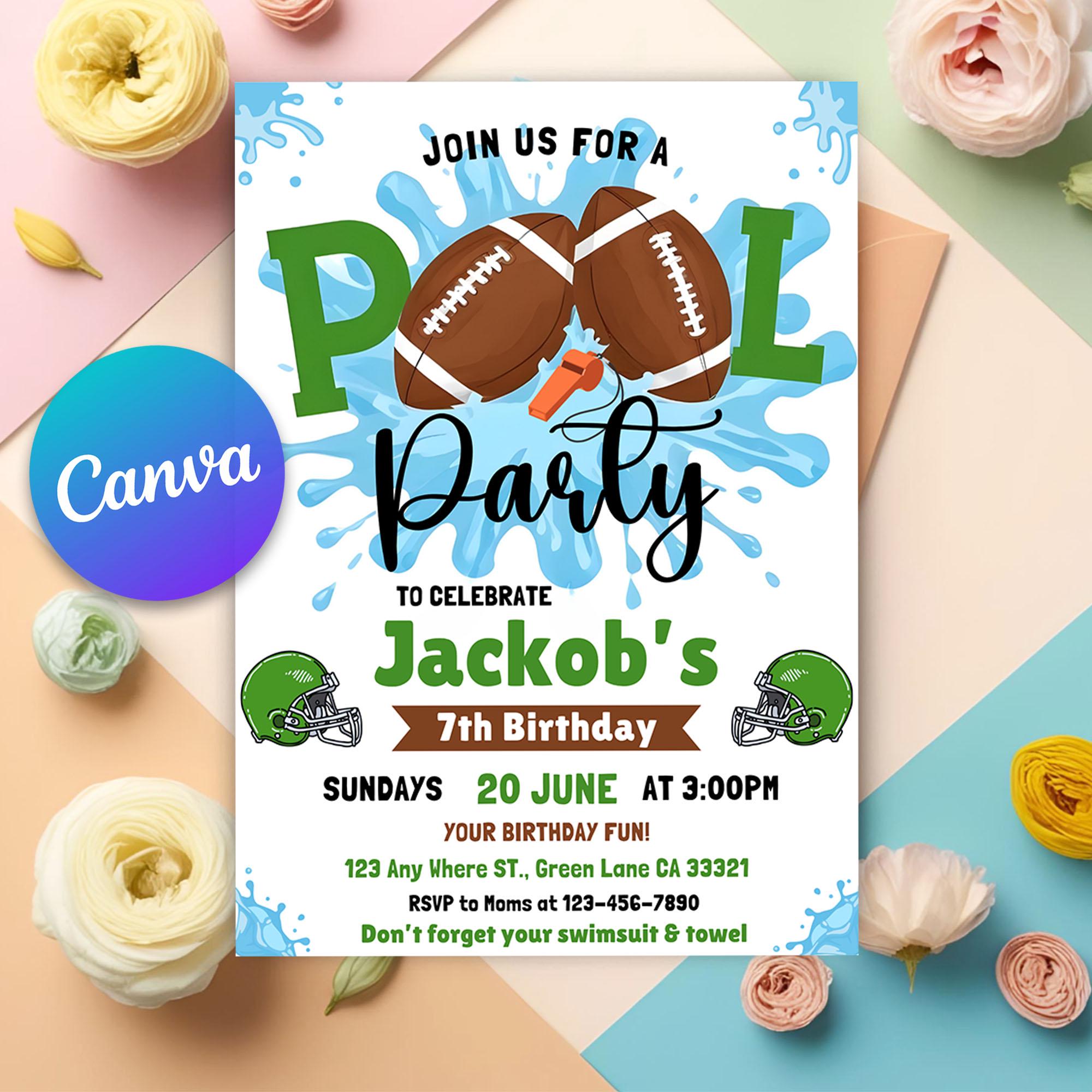 Football Pool Party Invitation, Pool Birthday Invitation, Football ...