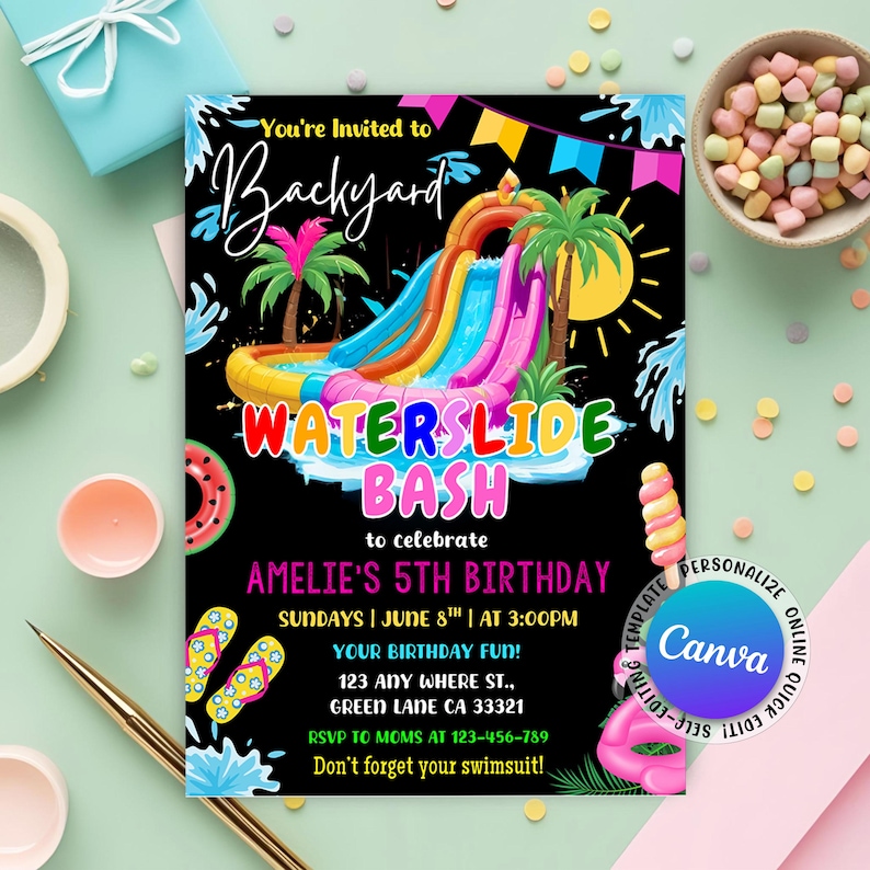 Waterslide Birthday Invitation, Boy or Girl Splash Party Invite ...
